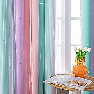 XiDi Curtains for Girls Bedroom Decor, Rainbow Curtains for Kids Room Decor, Purple Blackout Curtains for Little Girl Room, Unicorn Wall Decals Pink Curtains Green, 63 Inches Long 34 Wide 1 Panel
