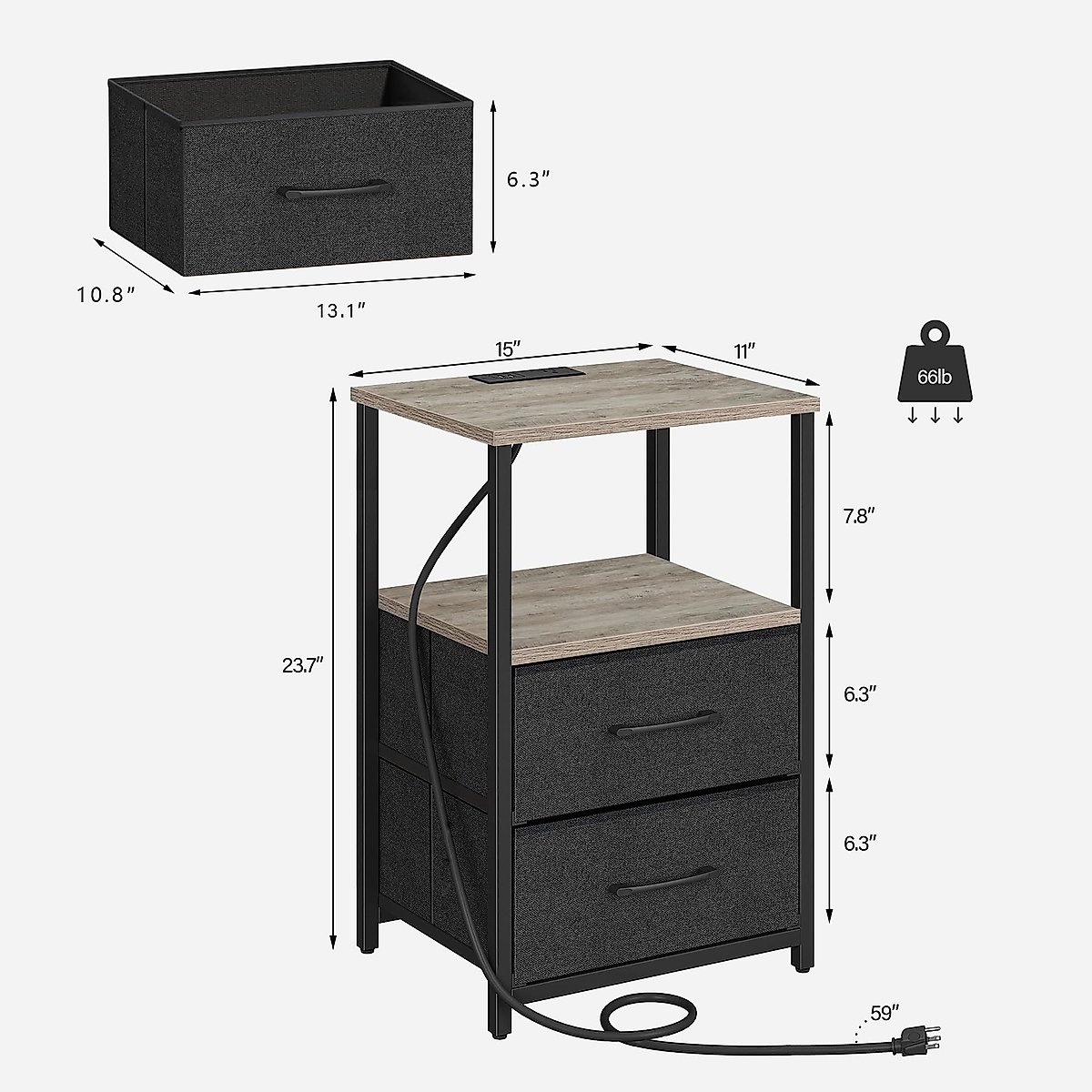 TUTOTAK End Table with Charging Station, Side Table with 2 USB Ports and Outlets, Nightstand with Cloth Drawer, Set of 2, Couch Table, Greige TB01BG052