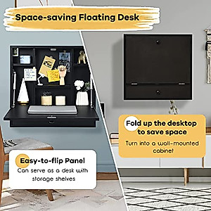 IFANNY Wall Mounted Desk, Wall Computer Desk w/Storage Drawer & Shelves, Compact Floating Desk for Wall, Space Saving Wall Desk Fold Down, Wall Desks for Small Spaces (Black)
