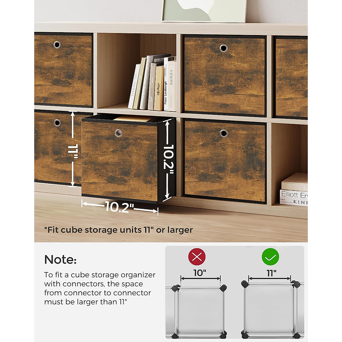 SONGMICS Storage Cubes, Set of 6 Storage Bins with Handles, Foldable Oxford Fabric and Non-Woven Fabric Storage Boxes, 10.2x10.2x11 Inches, Fit Cube Storage Unit, Rustic Brown and Black URFB126B01