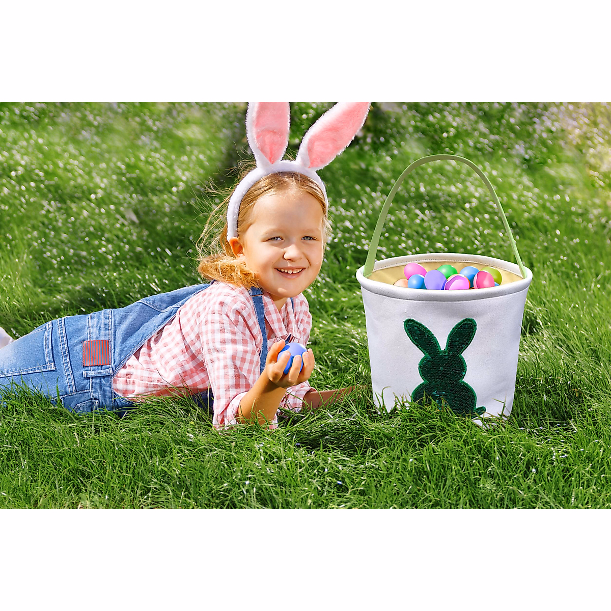 Jolly Jon Easter Bunny Basket Bag - Purple to Silver Sequin Colors - Kids Easter Egg Hunt Baskets - Color Changing Reusable Party Bags - Rabbit with Cotton Tail Canvas Tote