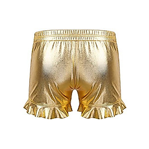 Venjoe Kids Girls Shiny Metallic Ruffled Shorts Gymnastics Bottoms Jazz Cheer Dance Performance Hot Pants Gold 12 Years