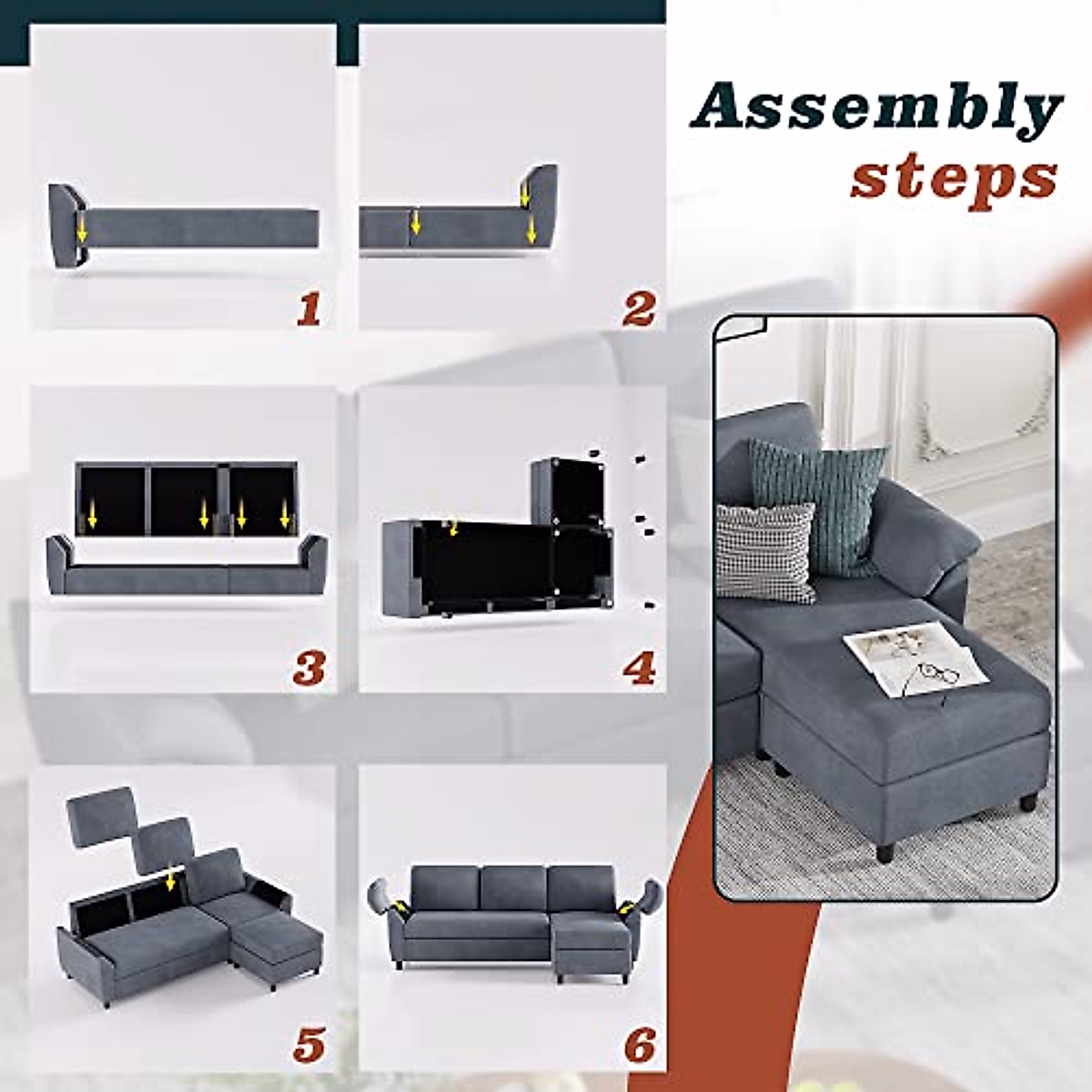 Vongrasig 79" Convertible Sectional Sofa Couch, 3 Seat L Shaped Sofa with Removable Pillows Linen Fabric Small Couch Mid Century for Living Room, Apartment and Office (Gray)