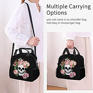 Floral Skull Lunch Bag, Insulated Rose Skull Lunch Box with Shoulder Strap, Large Capacity Durable Lunch Tote Bag with Pockets, Waterproof Lunch Bag for Women Boys Men(Floral Skull)