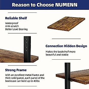 NUMENN Industrial Ladder Shelf, 5 Tier Book Shelf, Open Space Wall Mount Bookshelf with Metal Frame, Sturdy Book Shelves, Bookcase for Living Room, Home Office Shelf, Vintage Brown