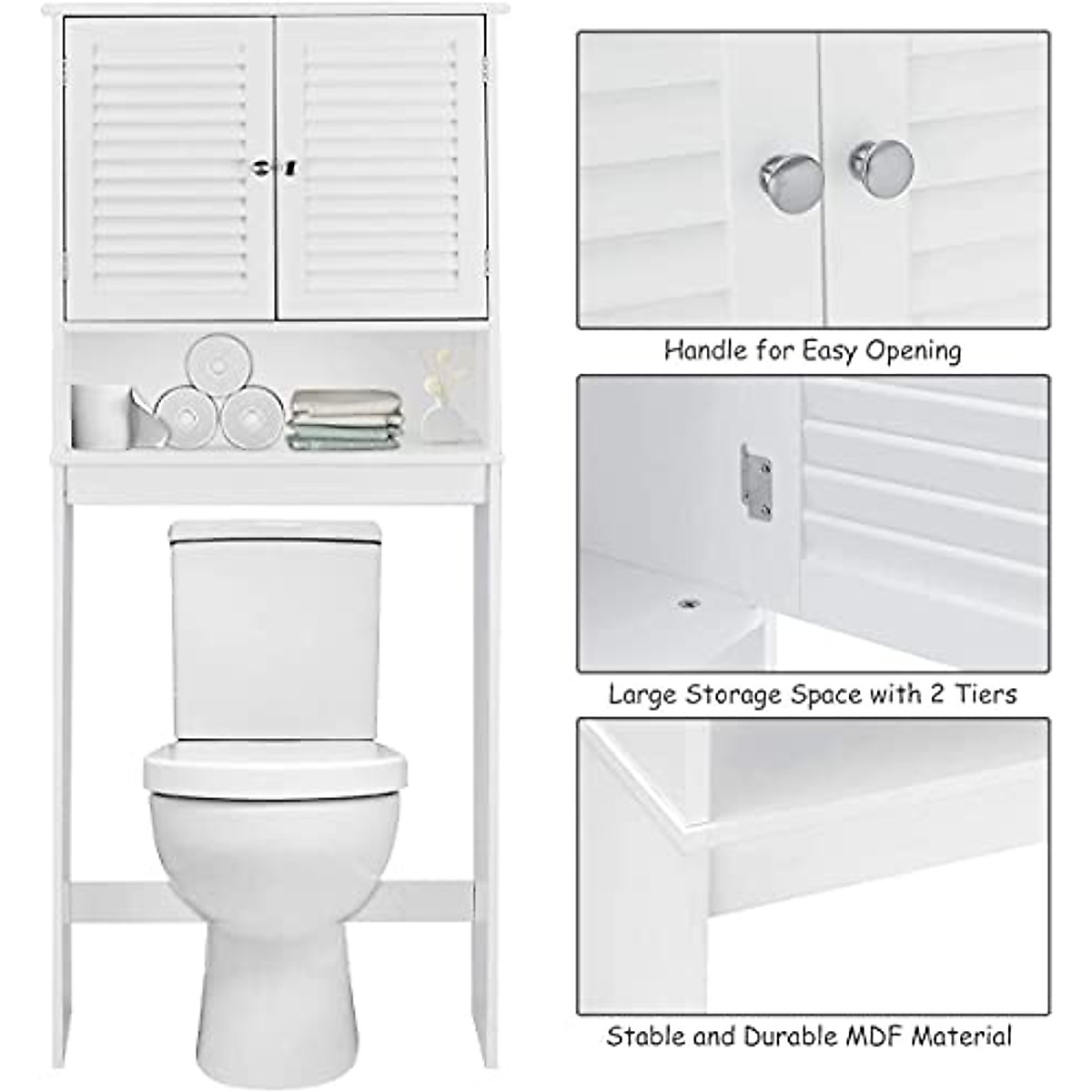 Squareful Over-The-Toilet Bathroom Storage Shelf, Freestanding Storage Organizer w/Louvre Door & 1 Open Shelf, Bathroom Space Saver, White, (HW66126)