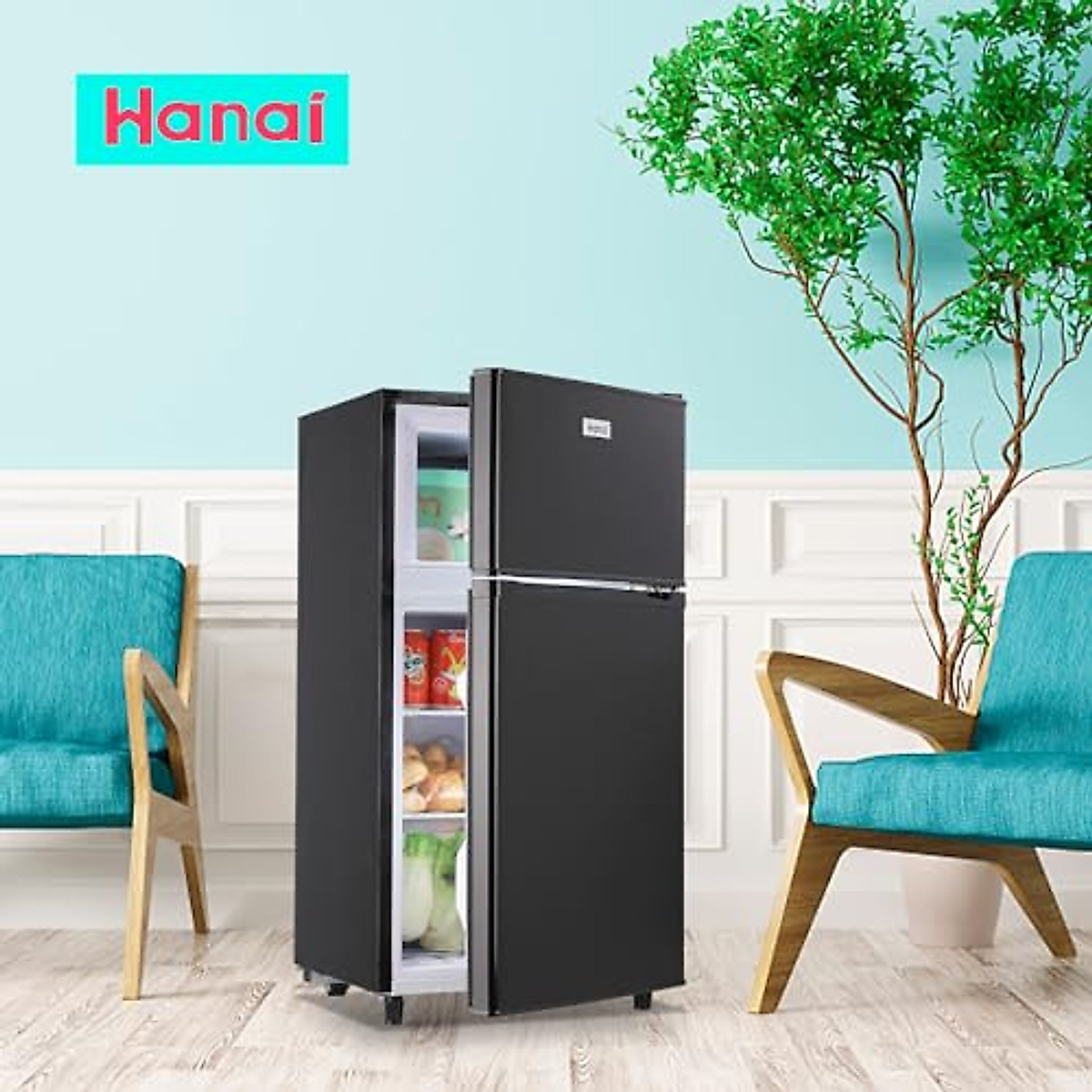 WANAI Small Refrigerator with Freezer 3.5 Cu.Ft Mini Fridge with Freezer on Top Double Door Small Fridge for Bedroom Dorm Room College Office Black