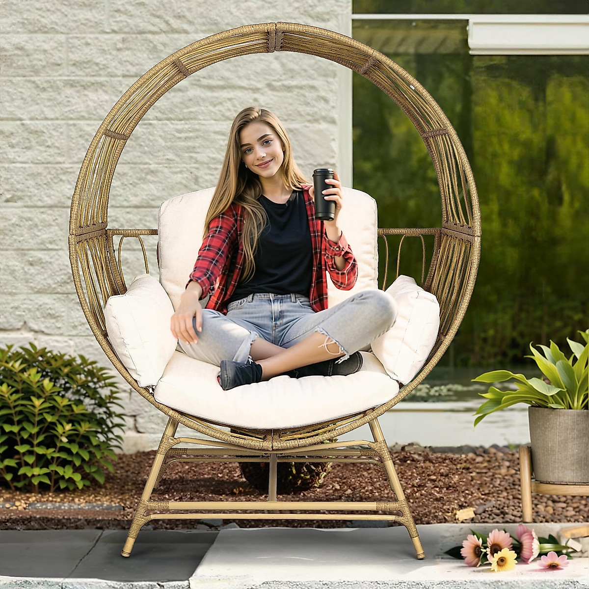 LHBcraft Wicker Round Egg Chair, Oversized Indoor Outdoor Lounger for Patio Living Room, w/ 4 Cushions, Steel Frame, 330lbs Capacity