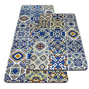 Lidimei Anti Fatigue Mats for Kitchen Floor, Kitchen Mats Cushioned Anti Fatigue 2 Piece Set 17"x47"+17×28", Non Skid Waterproof Kitchen Mats for Floor, Blue Bohemia Kitchen Rugs