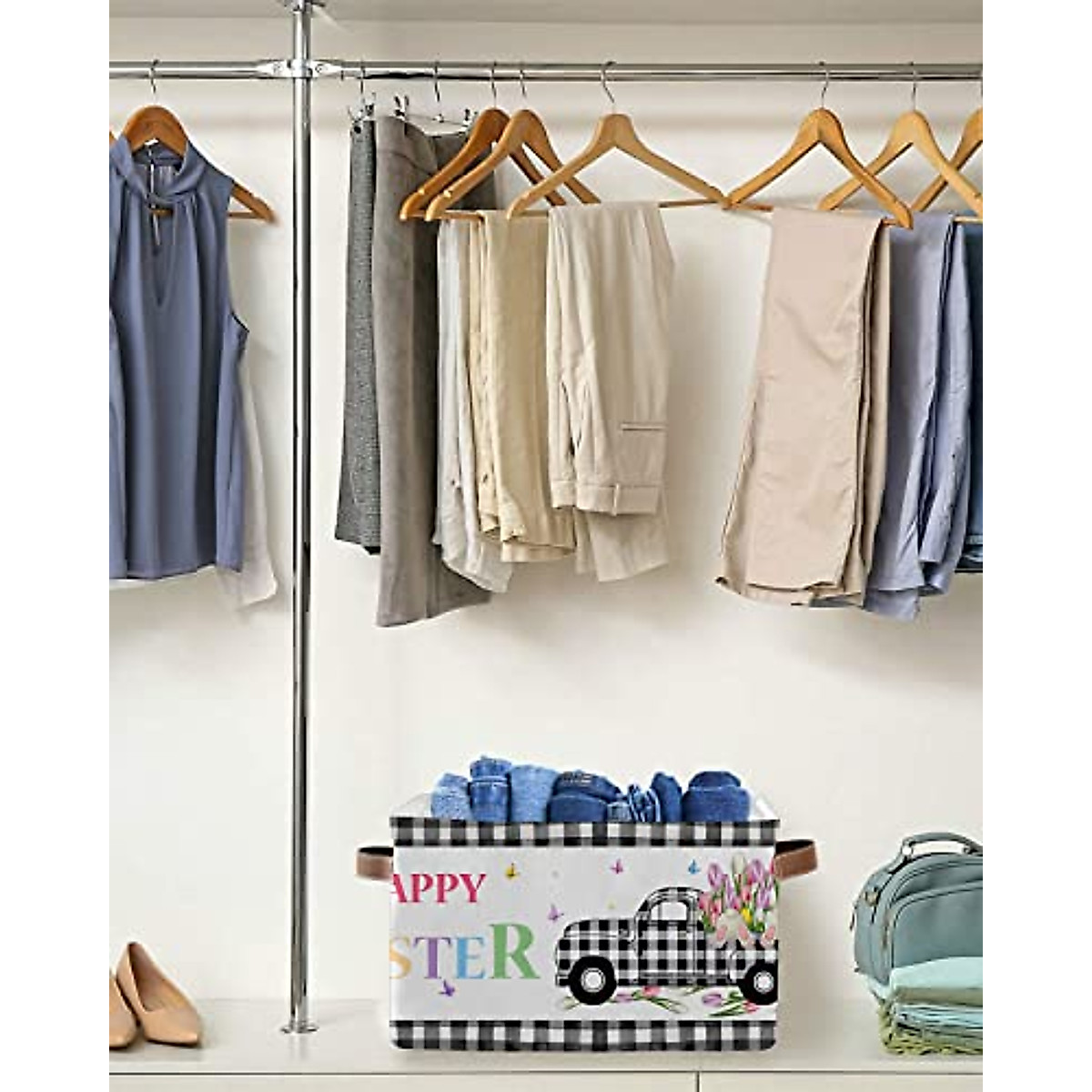 Storage Bins,Spring Truck Bunny Tail Pink Tulip Flower Black White Check Easter Storage Basket with Handles,Waterproof Collapsible Storage Bin,Rabbit Flower Butterfly Storage Organizer Shelves Closet