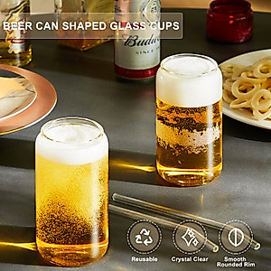 Pouheshi 4pcs Glass Cups with Lids and Straws, 16OZ Beer Can Shaped Drinking Glasses Set, Iced Coffee Cup, Glass Tumbler with 1 Cleaning Brush, Ideal for Cocktail, Whiskey, Tea