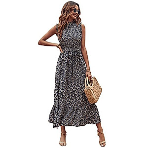 SweatyRocks Women's Floral Sleeveless Ruffle Hem A Line Midi Dress Mock Neck Belted Dresses Blue White S