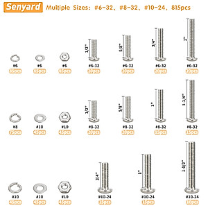 815pcs Machine Screws Assortment Kit,#6-32#8-32#10-24 Phillips Pan Head nut and Bolt Assortment Kit (with Lock&Flat washers・Wrenches) Stainless Steel Screw Bolt nut washers Assortment kit with case