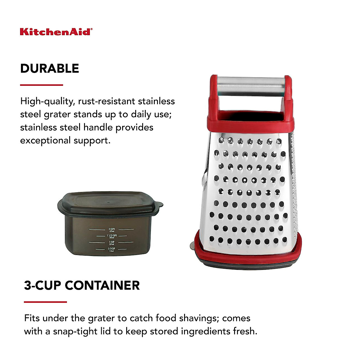 KitchenAid Gourmet 4-Sided Stainless Steel Box Grater for Fine, Medium and Coarse Grate, and Slicing, Detachable 3 Cup Storage Container and Measurment Markings, Dishwasher Safe, 10 inch, Red