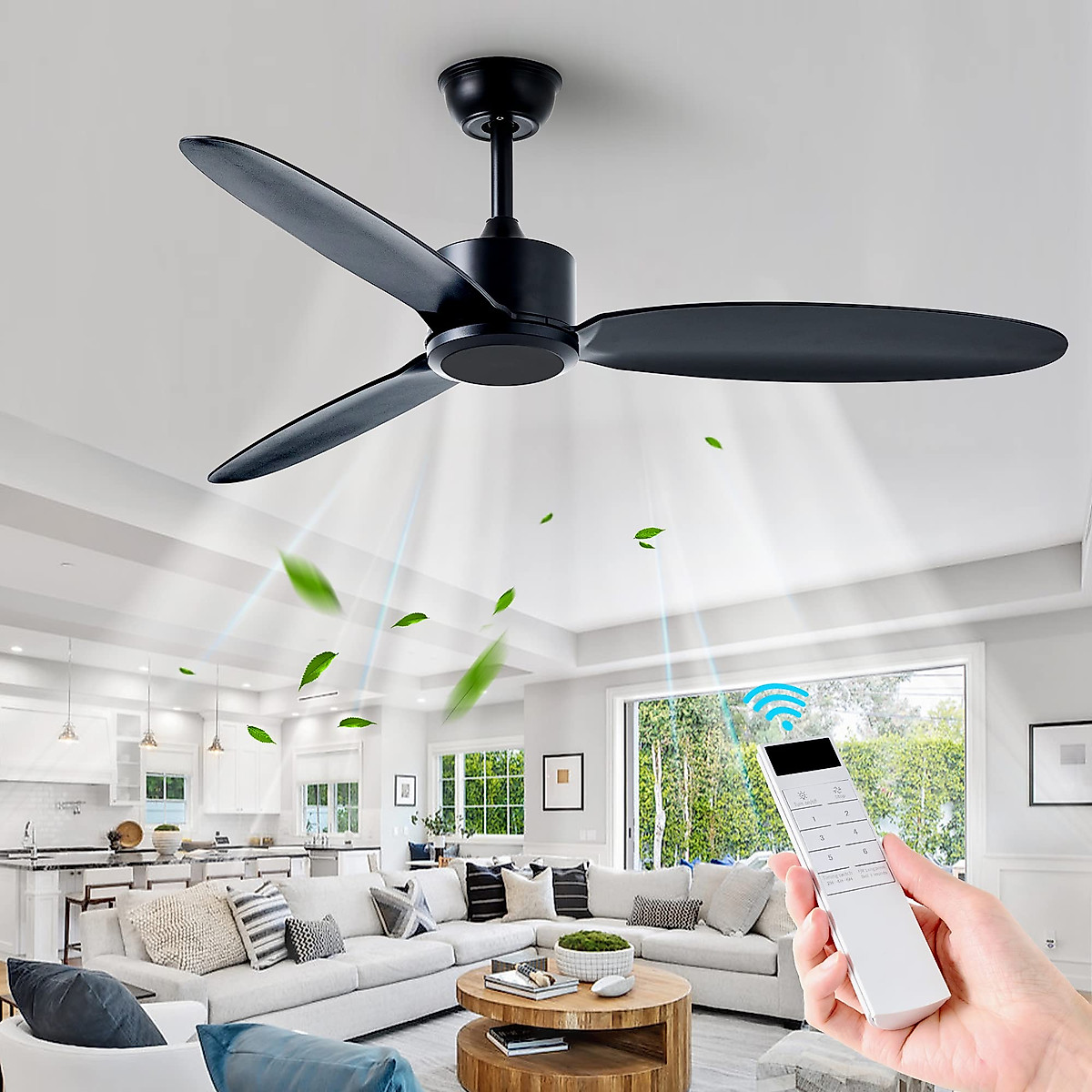KAMLAM 52" Matte Black Ceiling Fan with Remote, Modern Ceiling Fans with Quiet Reversible DC Motor, 6 Speed, Timing, 3 Blades Ceiling Fan For Outdoor/Bedroom/Farmhouse/Patios