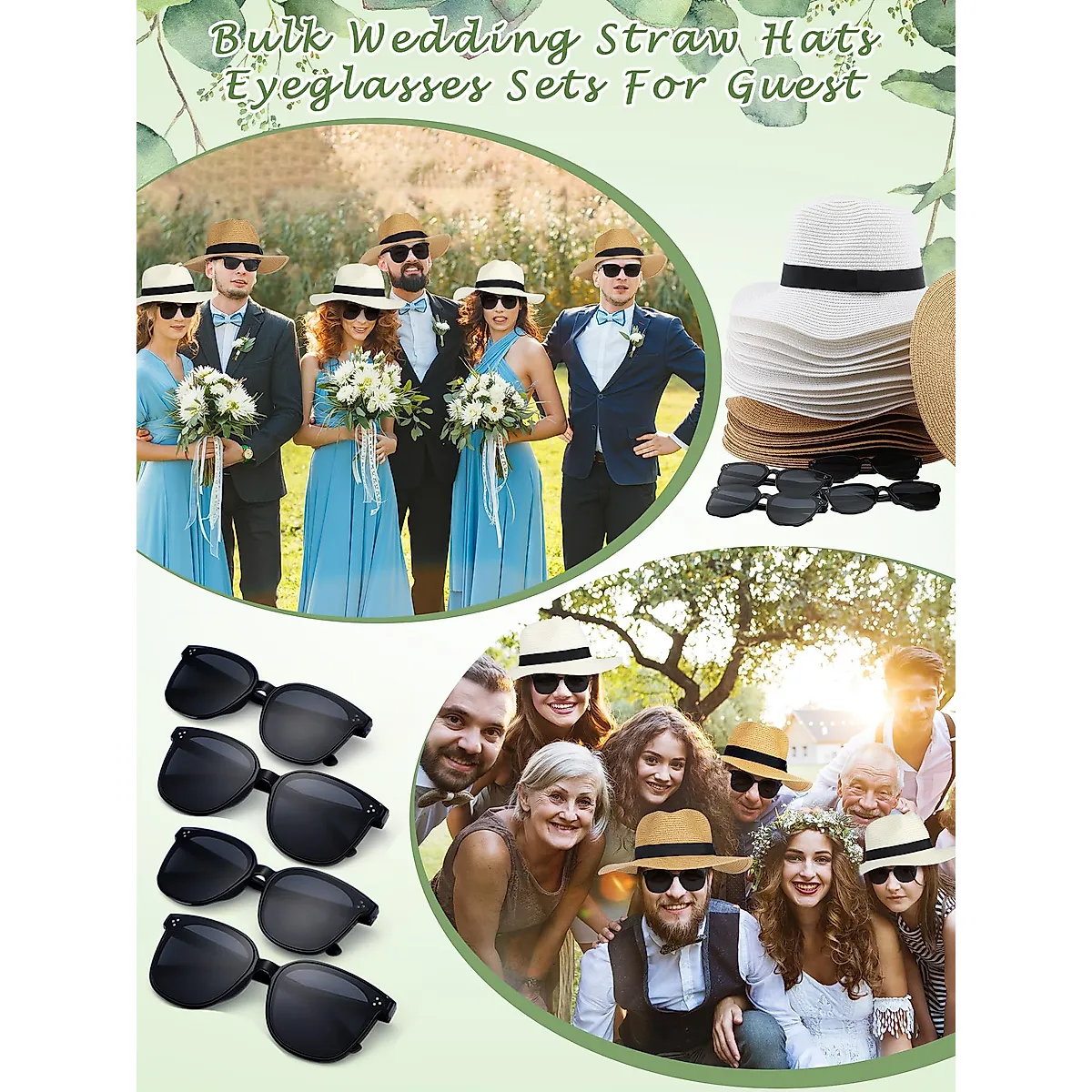 Silicherry 48 Pcs Straw Fedora Hat and Sunglasses Bulk 1920s Panama Style Fedora Eyeglasses for Havana Nights Beach Wedding Guest Gifts Party Supplies