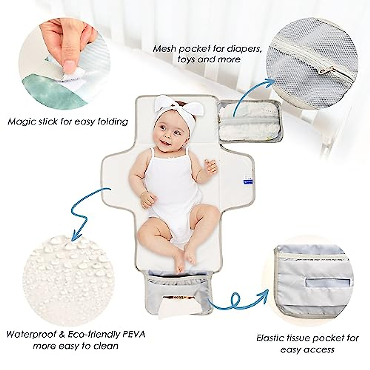 Sea Shell Starfish Portable Baby Changing Pad Diaper Changing Table Pad Foldable Waterproof Travel Changing Station with Built-in Pillow for Baby Gifts Stuff Newborn