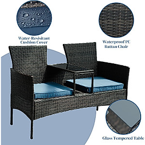 TINKLE WELL Wicker Outdoor Loveseat Modern Rattan 2-Seat Patio Conversation Set with Cushions & Built-in Coffee Table Porch Furniture for Garden Lawn Backyard, Dark Brown