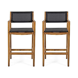 Christopher Knight Home Calista Acacia Wood Barstools with Outdoor Mesh (Set of 2), Teak and Black
