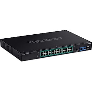 TRENDnet 26-Port Industrial Gigabit L2 Managed PoE+ Switch, TI-RP262i, 1U 19” Rackmount, 24 x Gigabit PoE+ Ports, 2 x SFP Slots (100/1000Base-FX), IP30, VLAN, QoS, 685W PoE Power Budget, Fanless