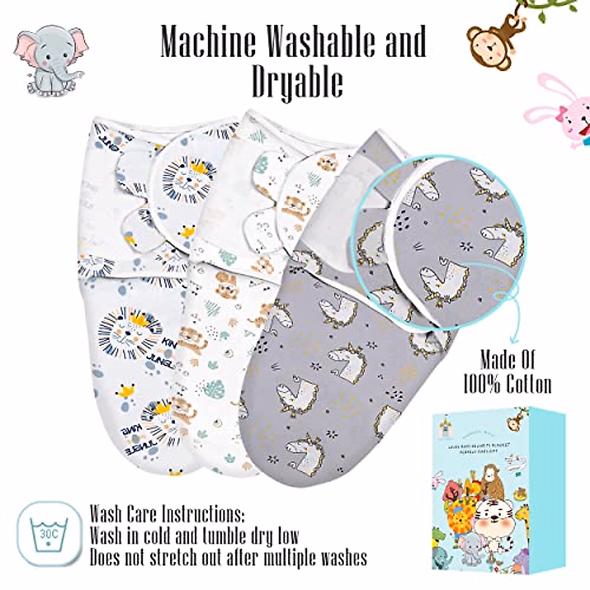 Cute Castle 3-Pack Baby Swaddle Sleep Sacks - Perfect Boxs - Newborn Swaddle Sack - Ergonomic Baby Swaddles Warp Blanket for Boys and Girls (Small 0-3 Months),Unicorn, Lion, Tiger