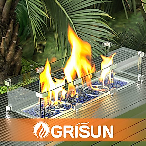 Grisun Cobalt Blue Fire Glass for Fire Pit - 1/2 Inch 10 Pounds and Rectangle Fire Pit Glass Wind Guard - 41.5 x 11.5 x 6 inch