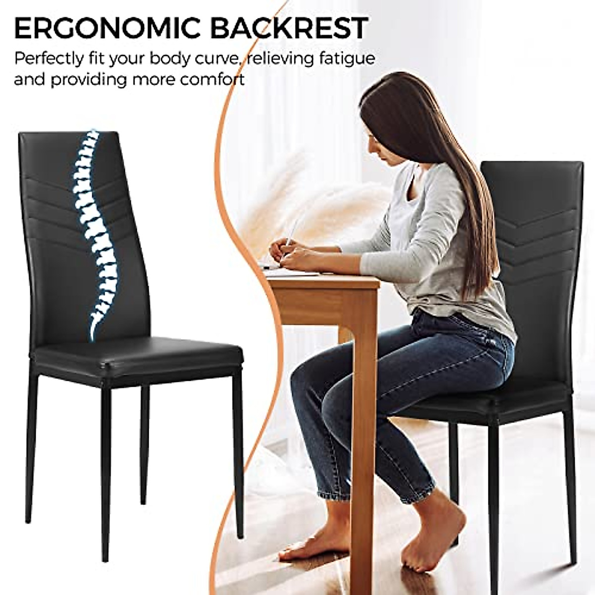 ERGOMASTER Dining Chairs Set of 4 Black PVC Dining Room Chairs Modern Soft Leather Padded Living Room Side Chairs with Sturdy Metal Legs & Non-Slip Feet Pads