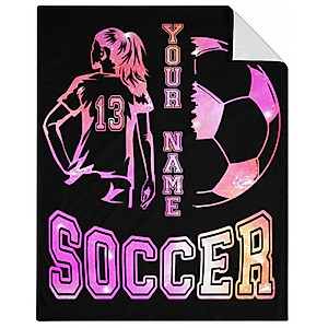 Personalized Soccer Throw Blanket with Name- Soft, Fuzzy & Warm- 50x60 Inches Throw Size Blanket for Couch, Office - Black Cute Throw Gift for Girls, Women