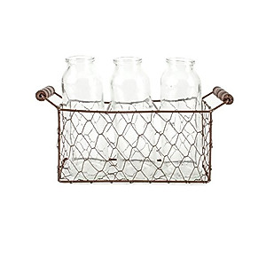 Blossom Bucket 131-36732 Tall Square Metal Basket with Three Glass Bottles, 12 X 8