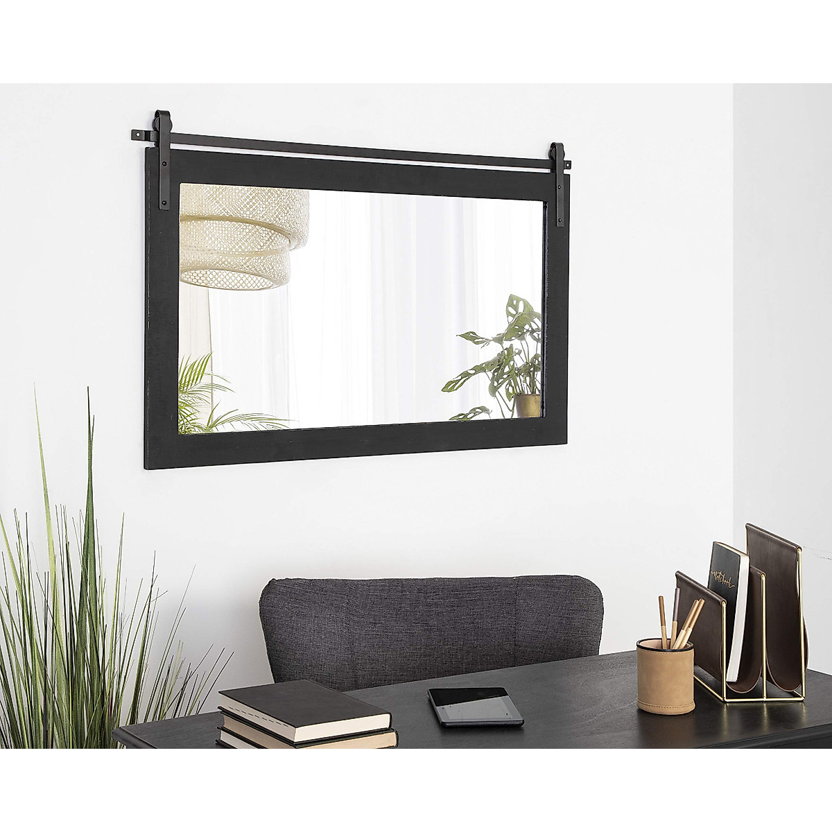 Kate and Laurel Cates Farmhouse Horizontal Wood Framed Wall Mirror, 40 x 26, Black, Barn Door-Inspired Rustic Mirrors for Wall