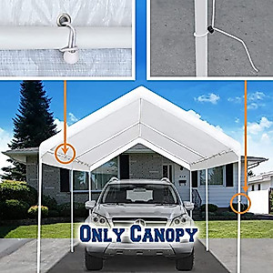 Rutile 12'x20' Carport Replacement Top Canopy Cover for Car Garage Shelter Tent Party Tent with Ball Bungees White (Only Top Cover, Frame is not Included)
