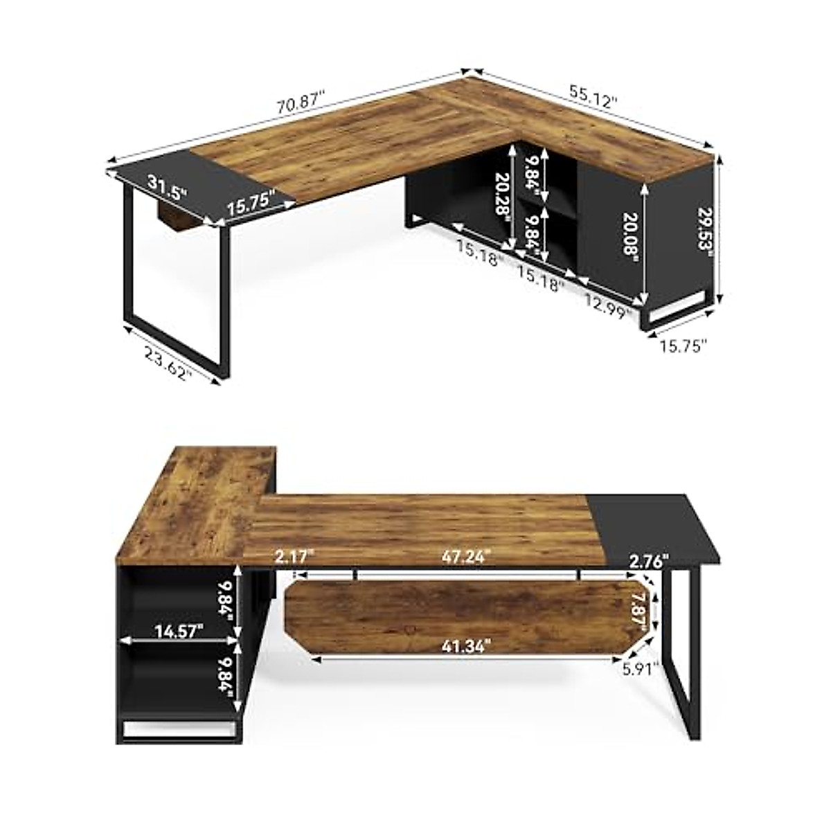 LITTLE TREE 70.8 Inches Executive Desk and 55 Inches File Cabinet Combo, Large L Shaped Computer Desk with Storage Cabinet and Shelves, Modern Business Furniture for Home Office, Rustic Brown & Black