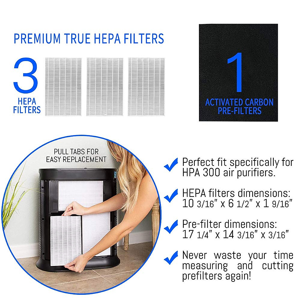 HPA300 Compatible HEPA Filter Set | 3 HEPA Filters & 1 Pre-Cut Activated Carbon Pre Filters