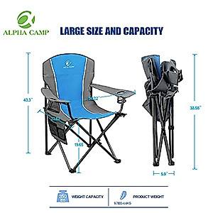 ALPHA CAMP Oversized Outdoors Folding Camping Chair Heavy Duty Padded Arm Chair with Cup Holder and Storage Bag, 350 LBS Weight Capacity (Blue Grey)