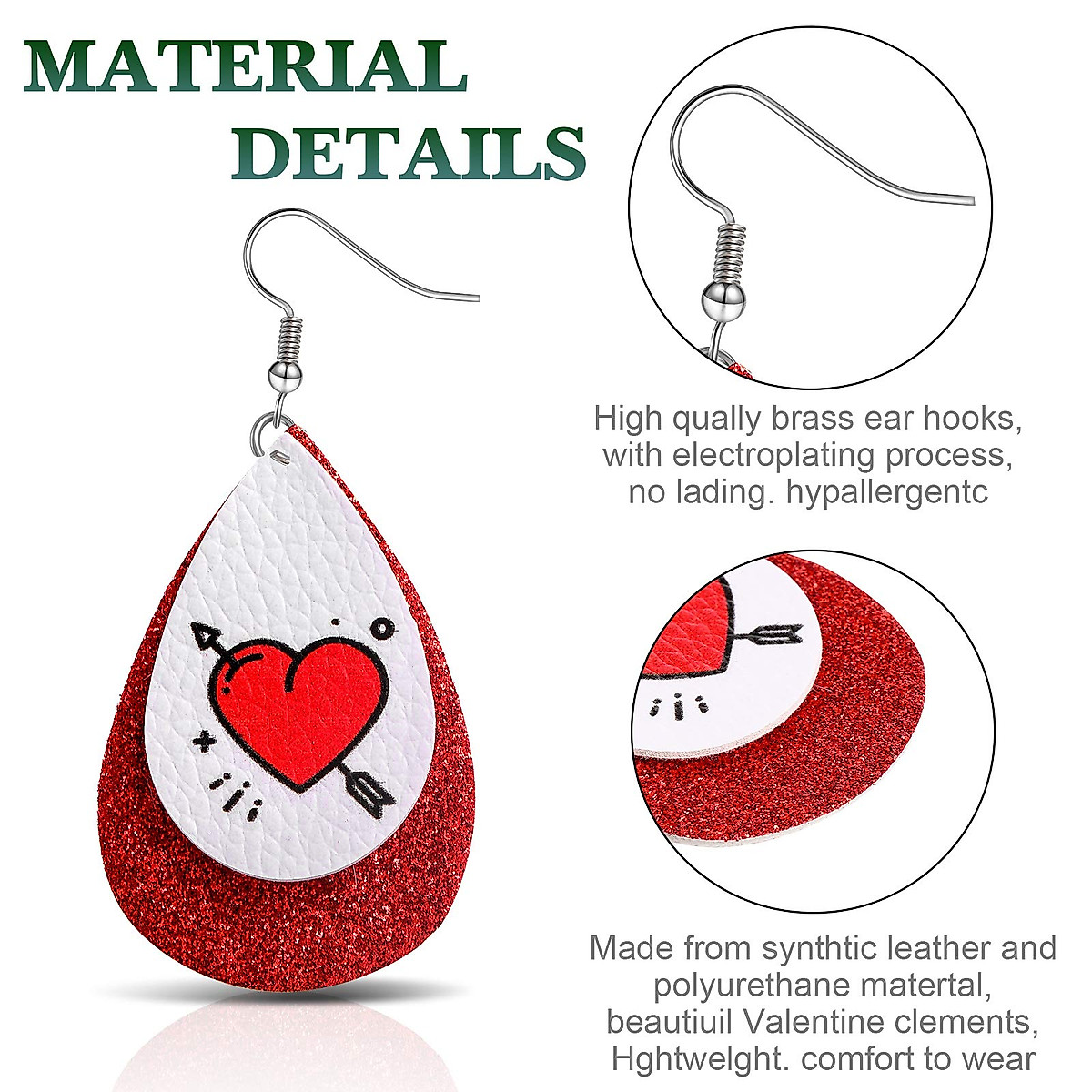 20 Pairs Valentine's Day Leather Earrings for Women Lightweight Faux Leather Teardrop Dangle Earrings Heart-Shaped Print Drop Earrings Set for Valentine's Day Wife Mom Girlfriend