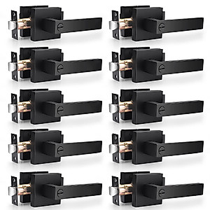 Probrico Heavy Duty Flat Black Door Handles Square Privacy Interior Door Levers Bedromm and Bathroom Door Handles Keyless Bed/Bath Lockset (10 Pack)