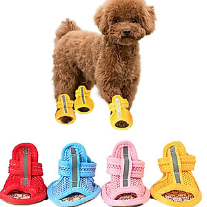 Guoainn 4Pcs Rubber Sole Mesh Cotton Breathable Anti-Skid Pet Shoes Dog Puppy Sandals Red 1#