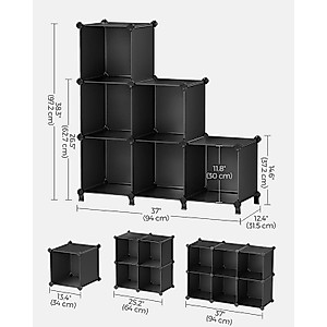 SONGMICS 6 Cube Storage Organizer, DIY Closet Shelf, Plastic Clothes Organizer, Modular Bookcase, 11.8 x 11.8 x 11.8 Inch Cubes, with Feet and Rubber Mallet, Black ULPC06H