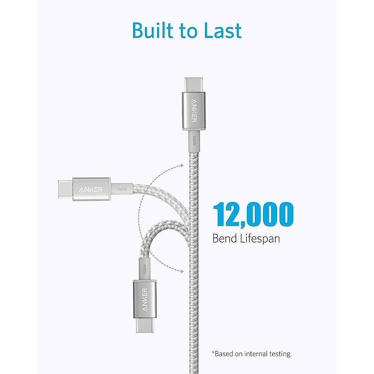 Anker Cable 100W 10ft, New Nylon USB C to USB C 2.0, Type C Charging Cable Fast Charge for MacBook Pro 2020, iPad Pro 2020, iPad Air 4, Galaxy S20, Pixel, Switch, LG, and More(Silver)