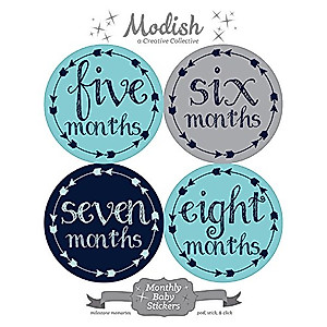 12 Monthly Baby Stickers, Baby Boy, Baby Belly Stickers, Baby Month Stickers, First Year Stickers Months 1-12, Arrows, Tribal, Navy, Blue, Teal, Aqua, Gray, Grey, Boy