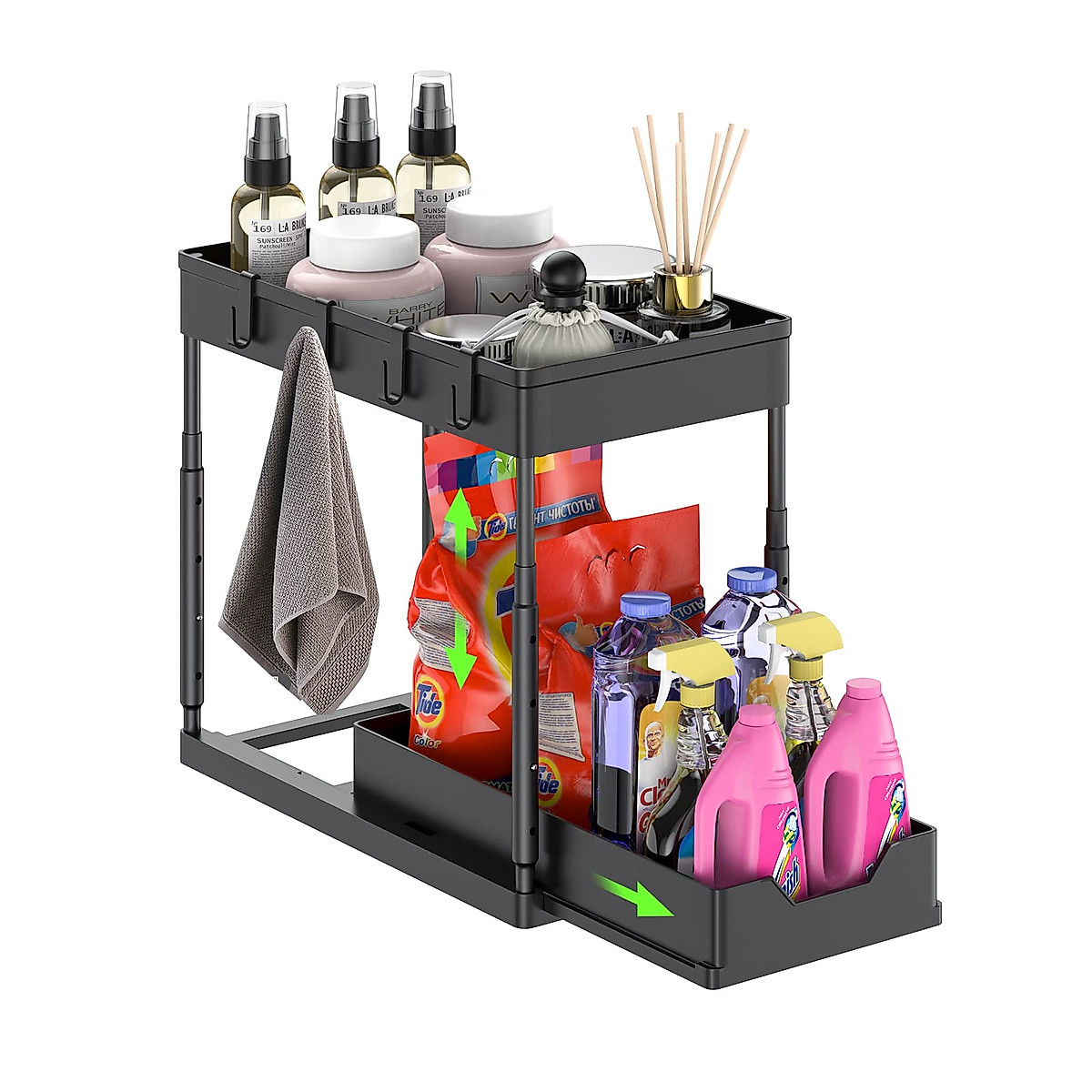 Adjustable Height Under Sink Organizers and Storage, 2 Tier Sliding Bathroom Organizer Under Sink,Multipurpose Under Kitchen Sink Organizers and Storage With 4 Hooks for Bathroom Kitchen Desktop