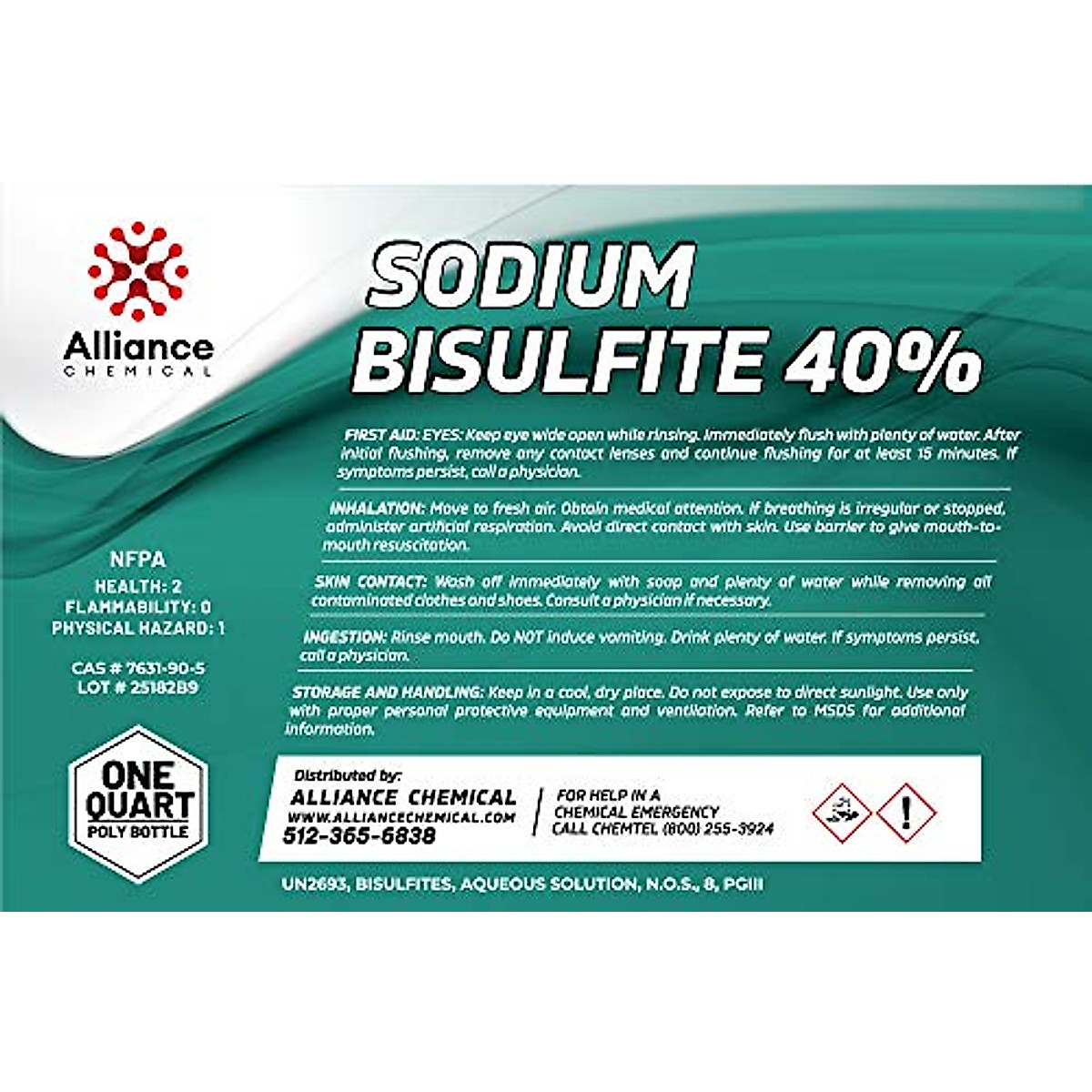 Alliance Chemical High Quality Sodium Bisulfite 40% Technical Grade - One Quart 32 Fluid Ounces w/Reusable Leak and Evaporation Proof Seal