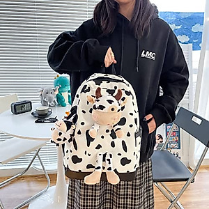 Kawaii fluffy plush fuzzy cute aesthetic cow backpack teenage school gift for birthday Christmas (white)