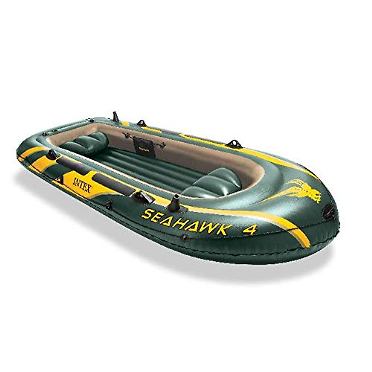 Intex 68351EP Seahawk 4 Inflatable Boat Set: includes Deluxe 54in Boat Oars and High-Output Pump – SuperStrong PVC – Fishing Rod Holders – 4-Person – 1050lb Weight Capacity