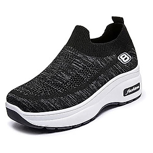 YTINGNICE Platform Fashion Sneakers for Women, Breathable Knit Mesh Walking Slip-on Sneakers Shoes (Black,US 5)