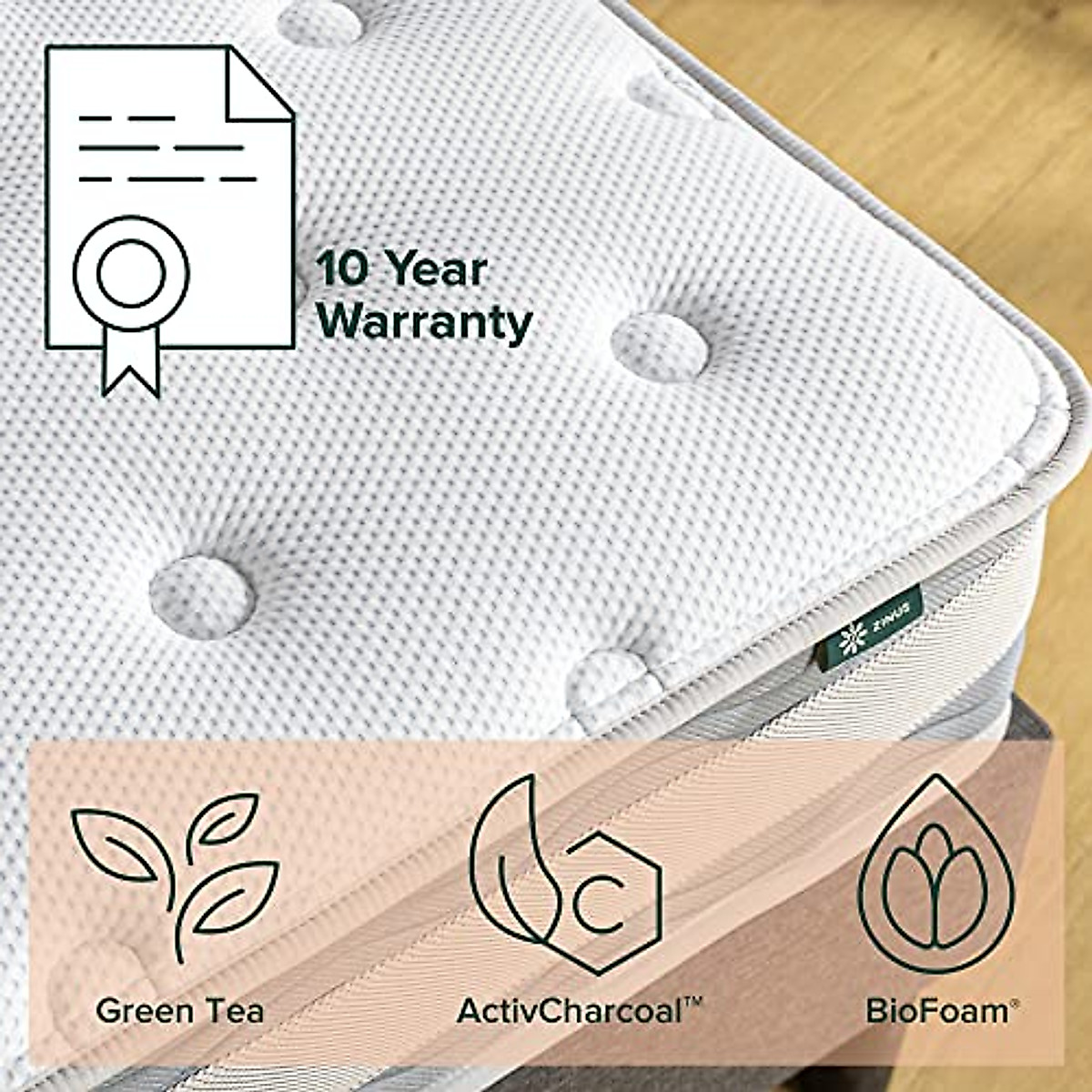 ZINUS 10 Inch Green Tea Cooling Gel Memory Foam HybridMattress / Pocket Innersprings for Motion Isolation / Edge Support, Queen, White
