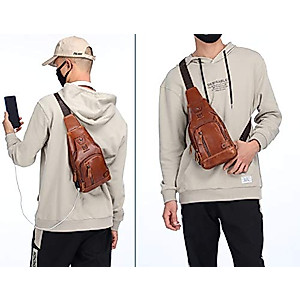 BULLCAPTAIN Genuine Leather Mens Sling Bag Multipurpose Travel Crossbody Chest Bag Daypacks with USB Charging Port (Brown)