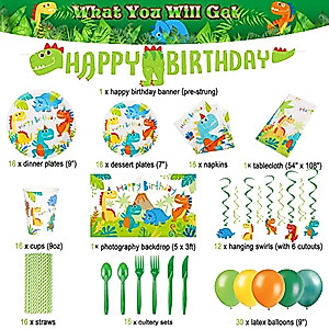 Dinosaur Birthday Party Supplies Serves 16 with Backdrop, Dinosaur Party Decorations for Boys, Complete Pack Include Hanging Swirls, Tablecloth, Plates and Napkins Set, Total 173pcs