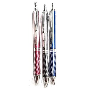 (3) Pentel Energel Alloy Retractable Liquid Gel Pen, (0.7mm) Medium Line, Navy Blue Barrel, Red Barrel, Black Barrel 1-Pk Black Ink