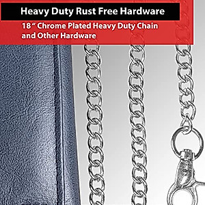 IBRO Motorcycle Chain Wallet for Men – 100% Natural Genuine Leather, Long Trifold RFID Blocking, Credit Card Money Organizer - Men’s Trucker Biker Metal Chain Wallets Steel Blue